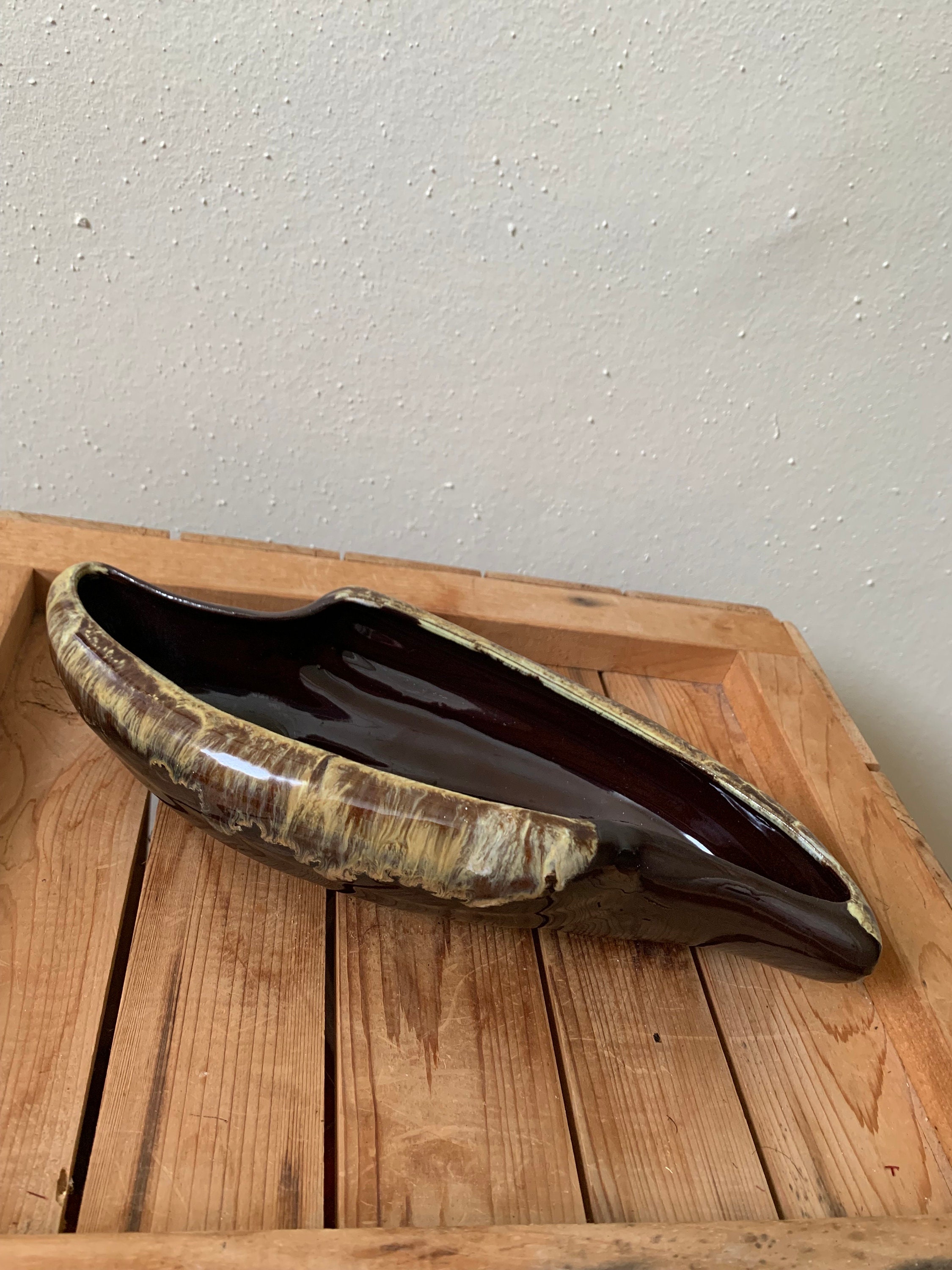 MCM Redware Brown and Cream Drip Glaze Curved Planter - Etsy