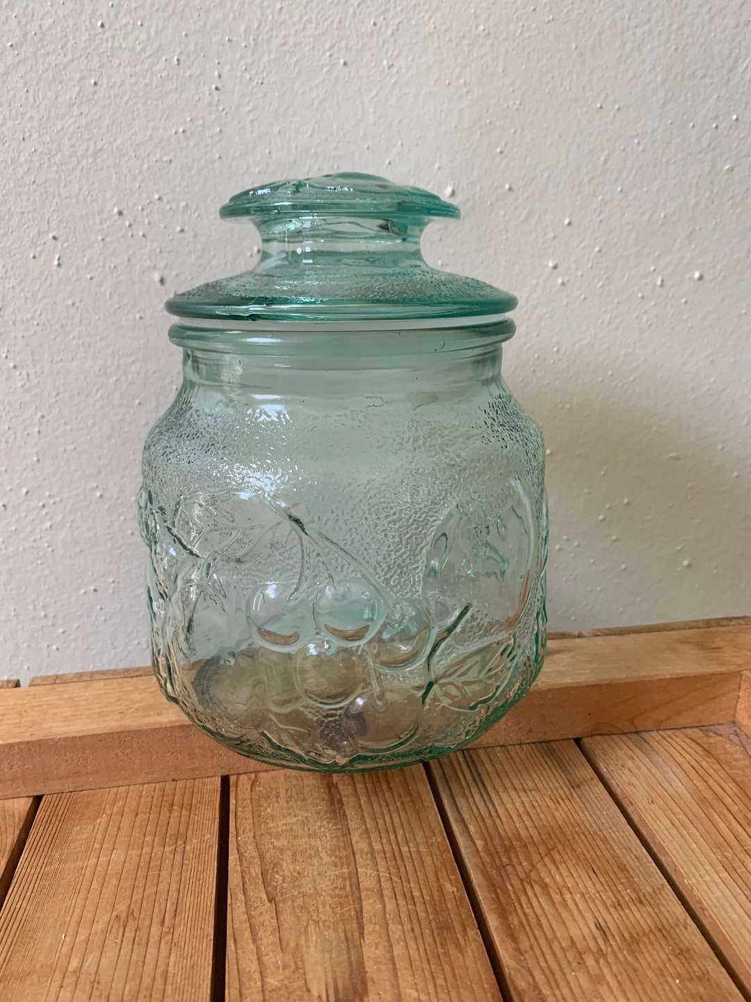 Light Green Glass Jar With Lid, Orchard Fruit Pattern by Libbey - Etsy