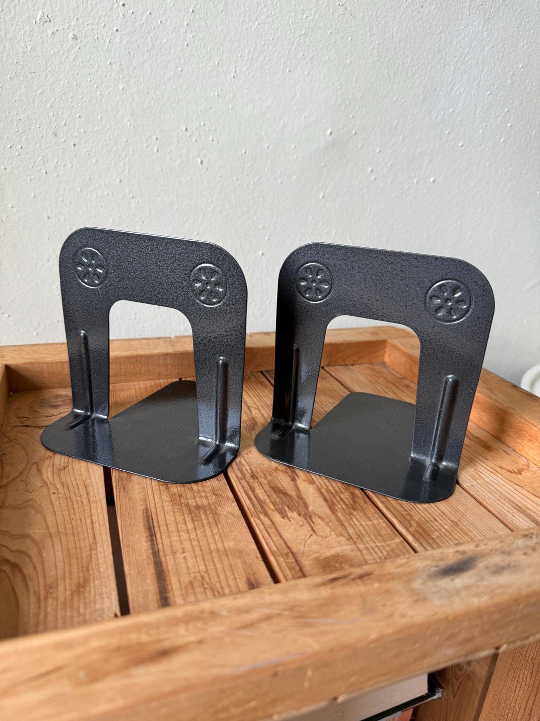 Gray Metal Bookends With Embossed Design. 4.5” Size, Sturdy. Set of Two ...