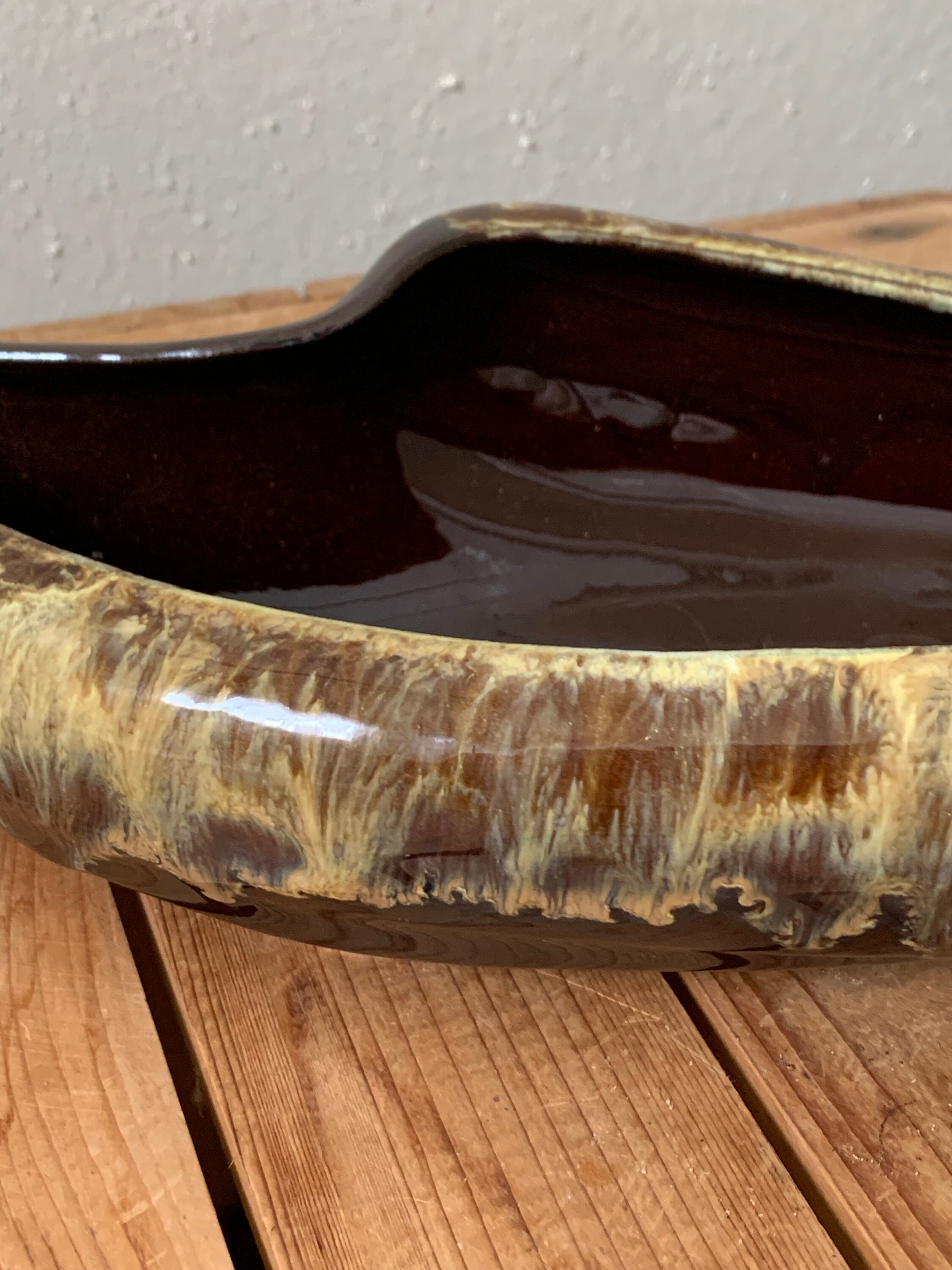 MCM Redware Brown and Cream Drip Glaze Curved Planter - Etsy
