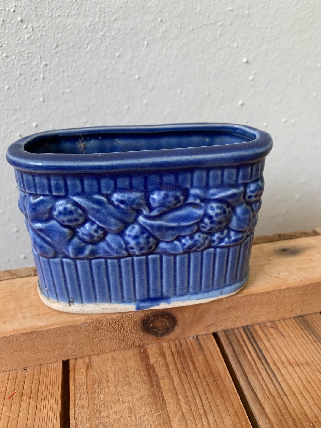 RARE Vintage Japan Blue Glazed Rectangular Pottery Planter / Herb Pot ...