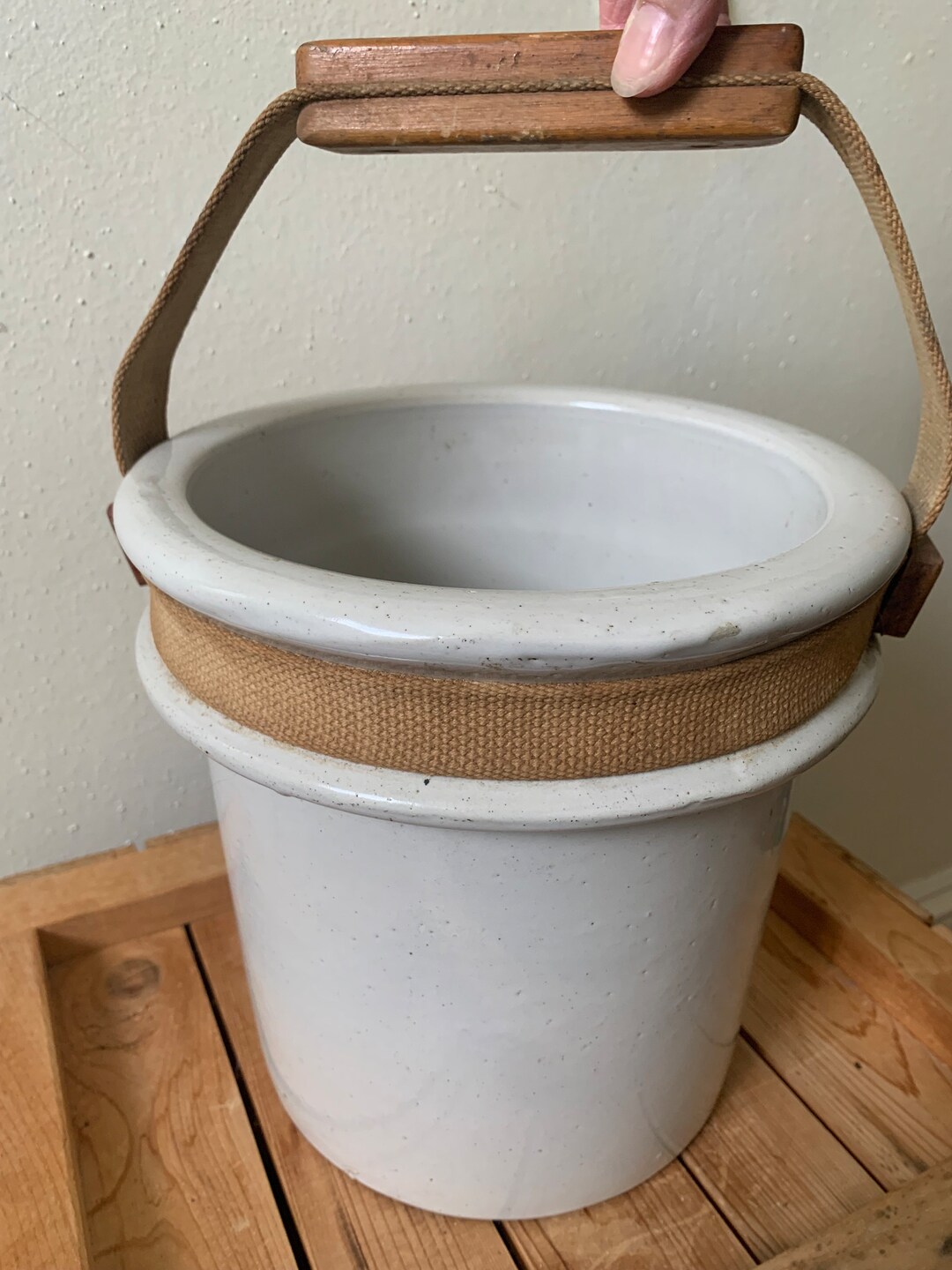 Unique White Crock With Wooden & Cloth Handle, Vintage - Etsy