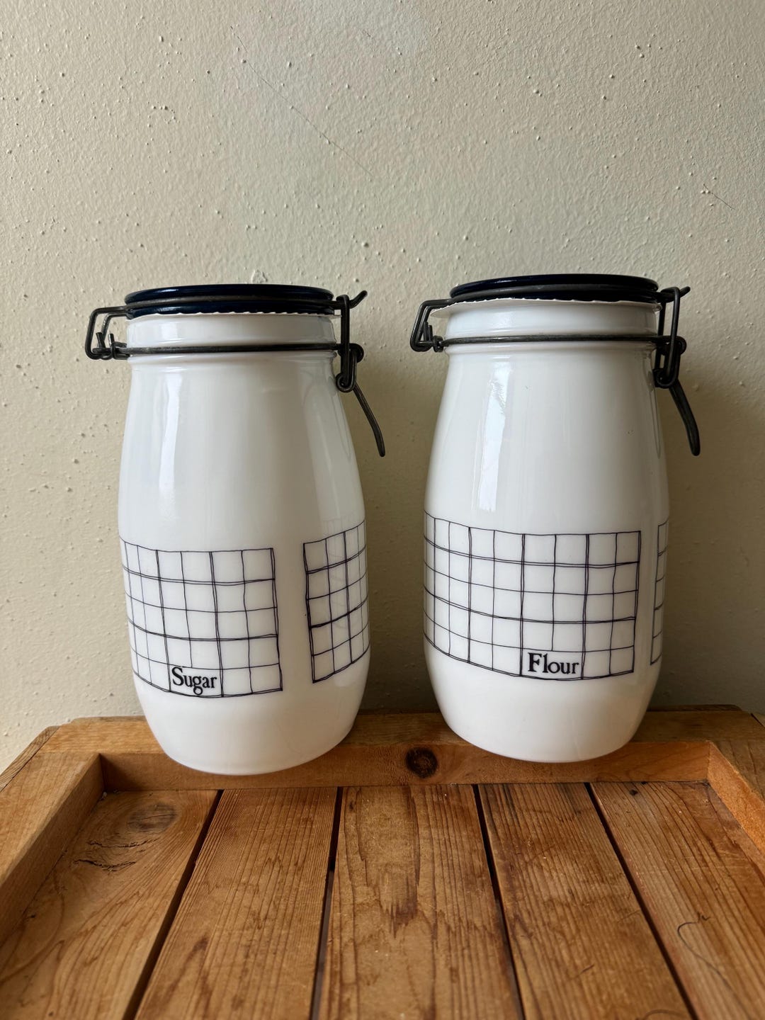 Wheaton White Glass Jars / Canisters With Blue Lids, Vintage Flour and ...