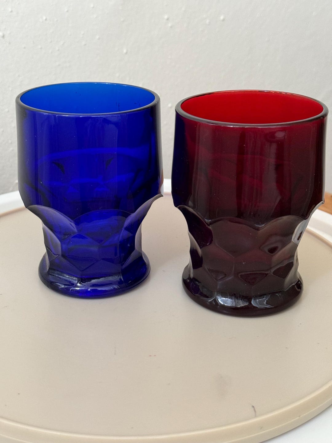 Thumbprint Glasses, 1 Ruby Red, 1 Cobalt Blue, Vintage - Etsy