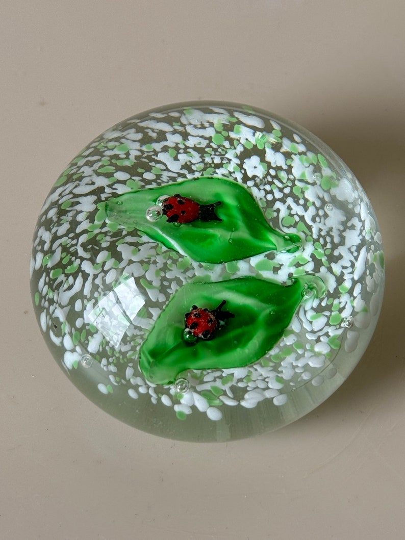 Glass Paperweight With Lady Bugs on Leaves, Bubbles. - Etsy