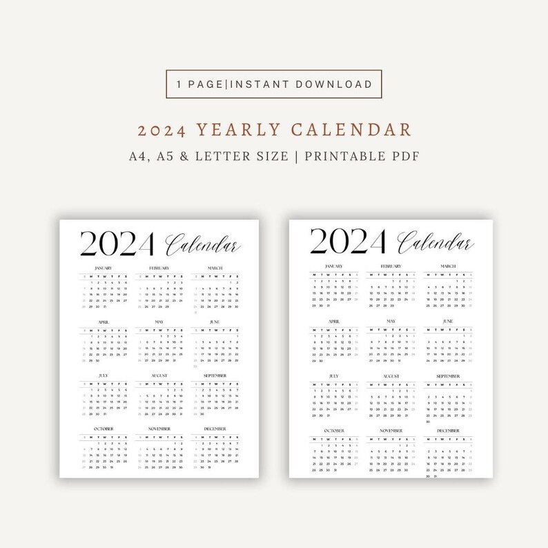 2024 Year Calendar Printable, Yearly Calendar 2024, Year at a Glance ...