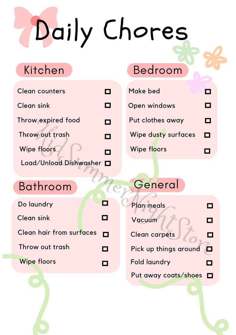 Daily Cleaning Chores Checklist - Etsy