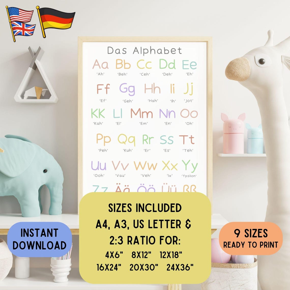 German Alphabet Poster, English German Educational Decoration Poster ...