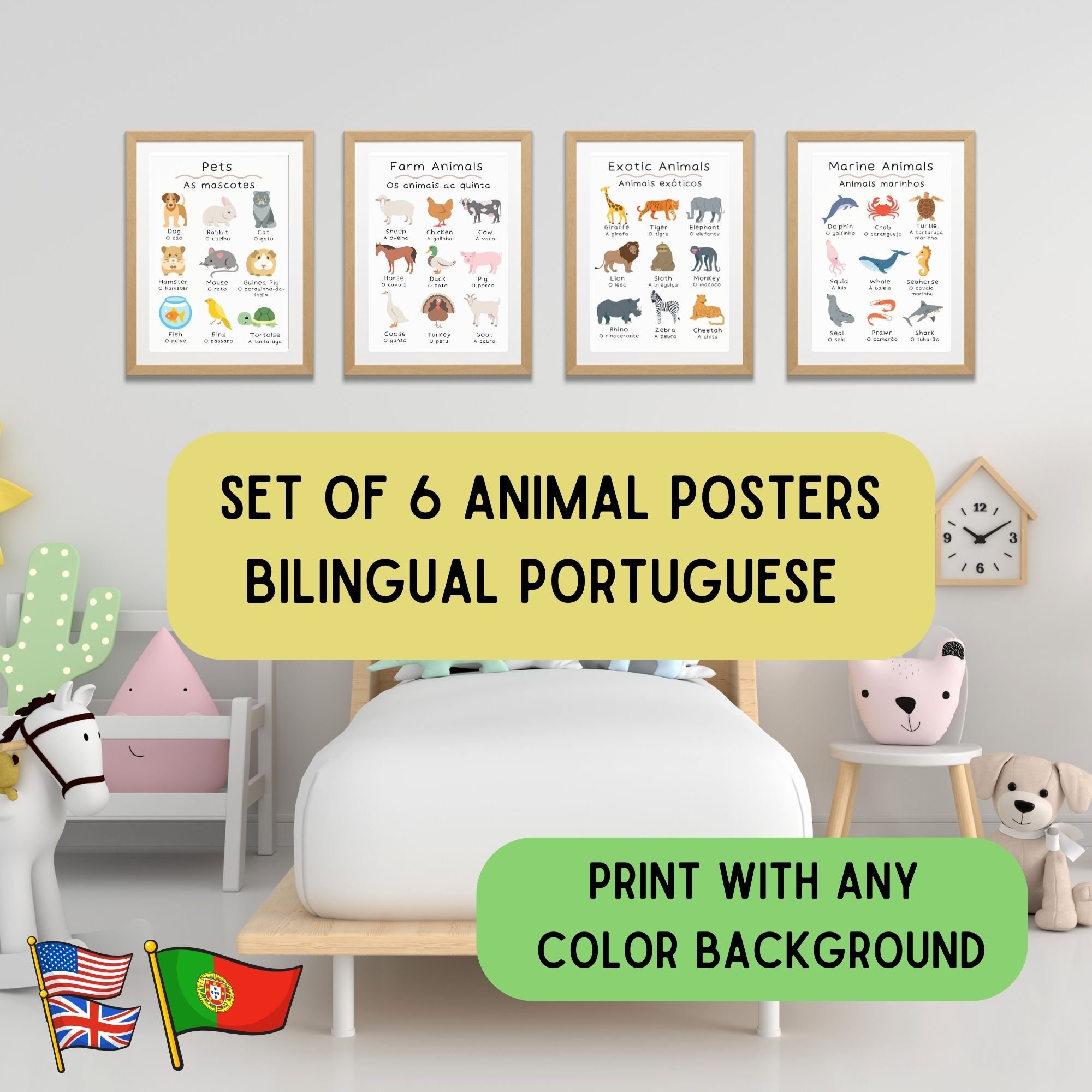 Bilingual Portuguese English Animal Posters Set of 20 - Etsy UK