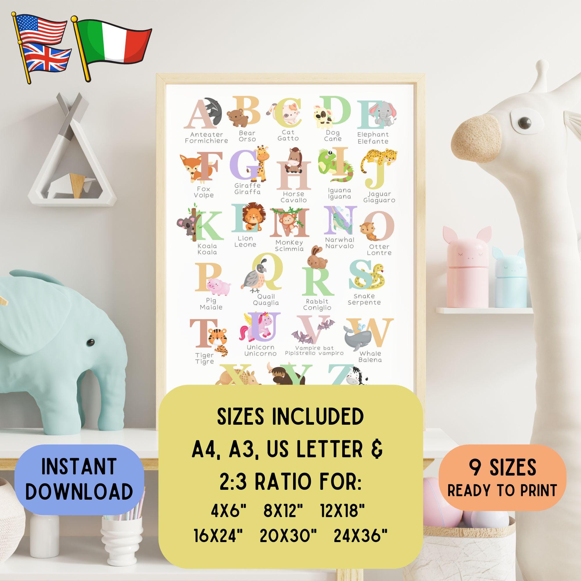Bilingual Italian Alphabet Poster, Educational Decoration Poster ...