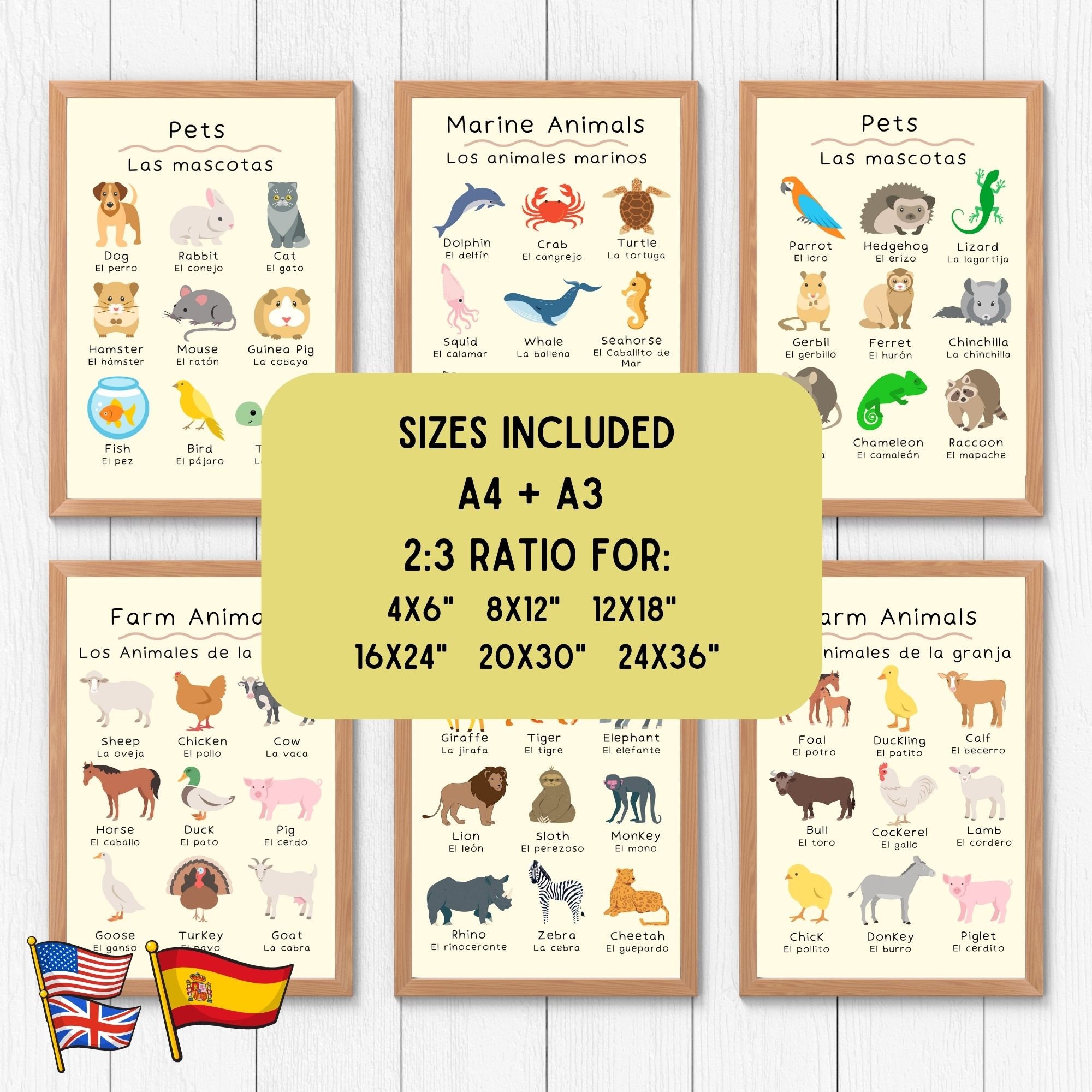 Bilingual Spanish Animal Poster Set of 6, Spanish Pdf Language ...
