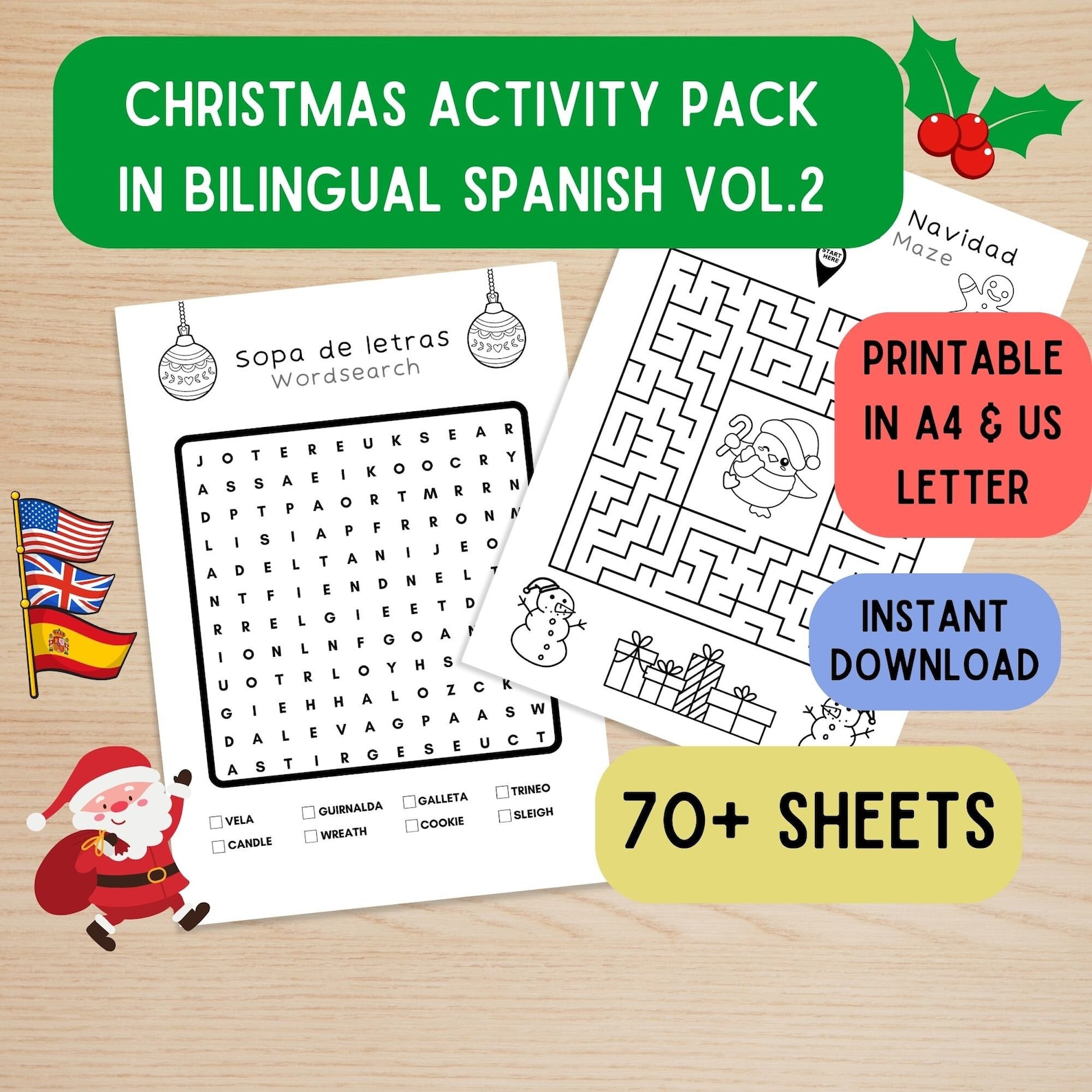 Printable Christmas Activity Sheets in Bilingual Spanish, Christmas ...