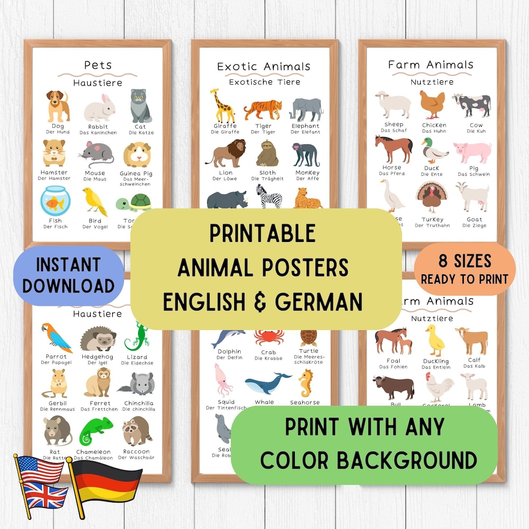 Learn German Educative Posters - Animals, Kinderzimmer Poster Set ...
