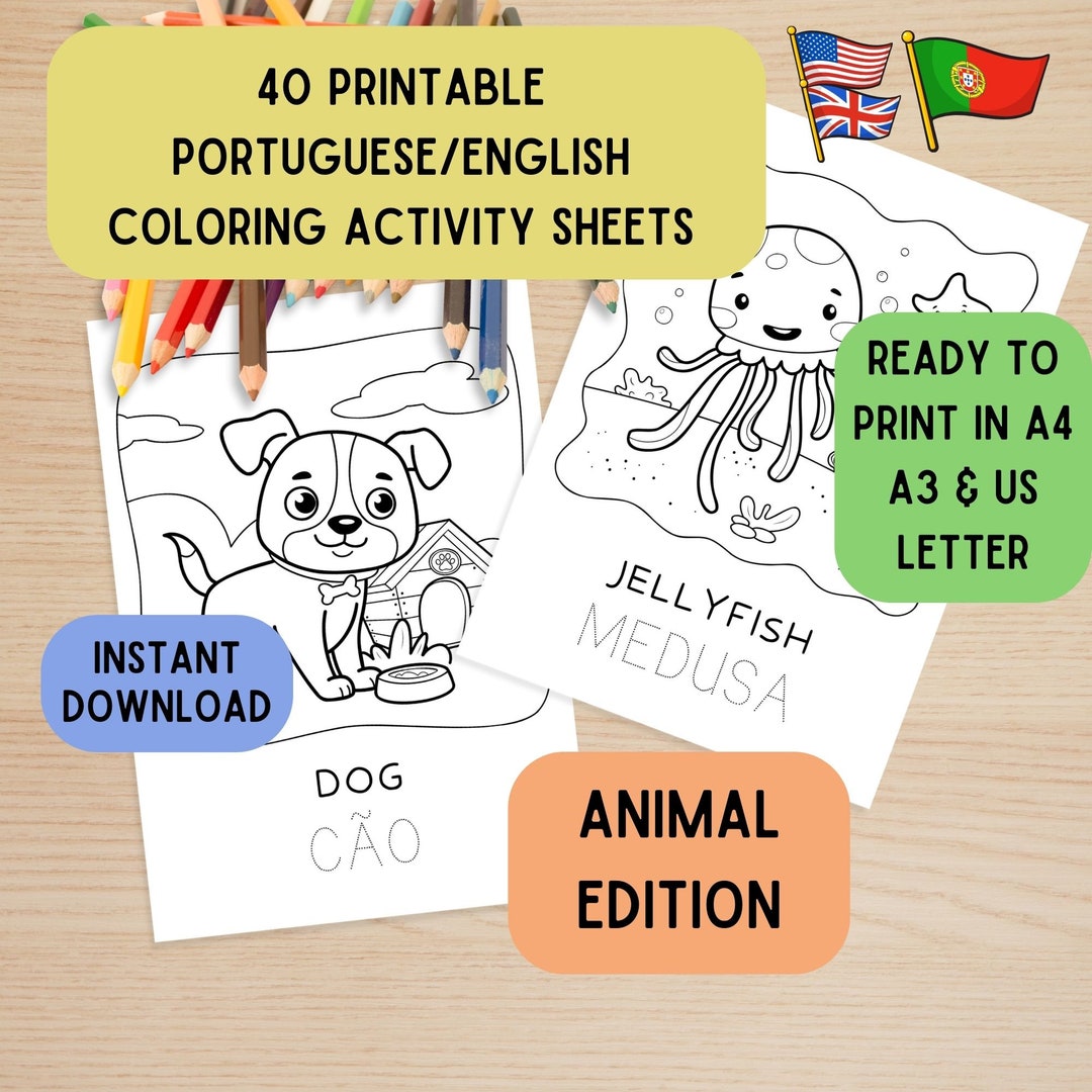 English Portuguese Coloring Pack Animals, 40 Sheets, Learn Portuguese ...