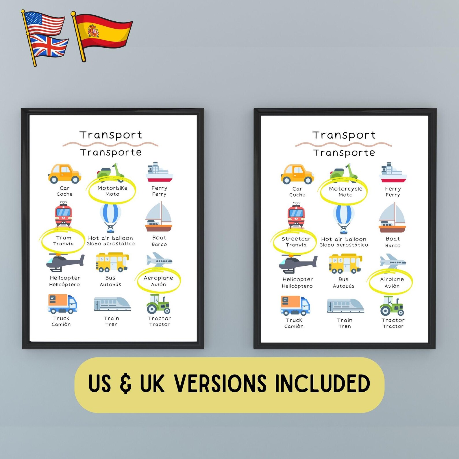 Bilingual Transport Poster Set: Spanish English Learning (PDF Download ...