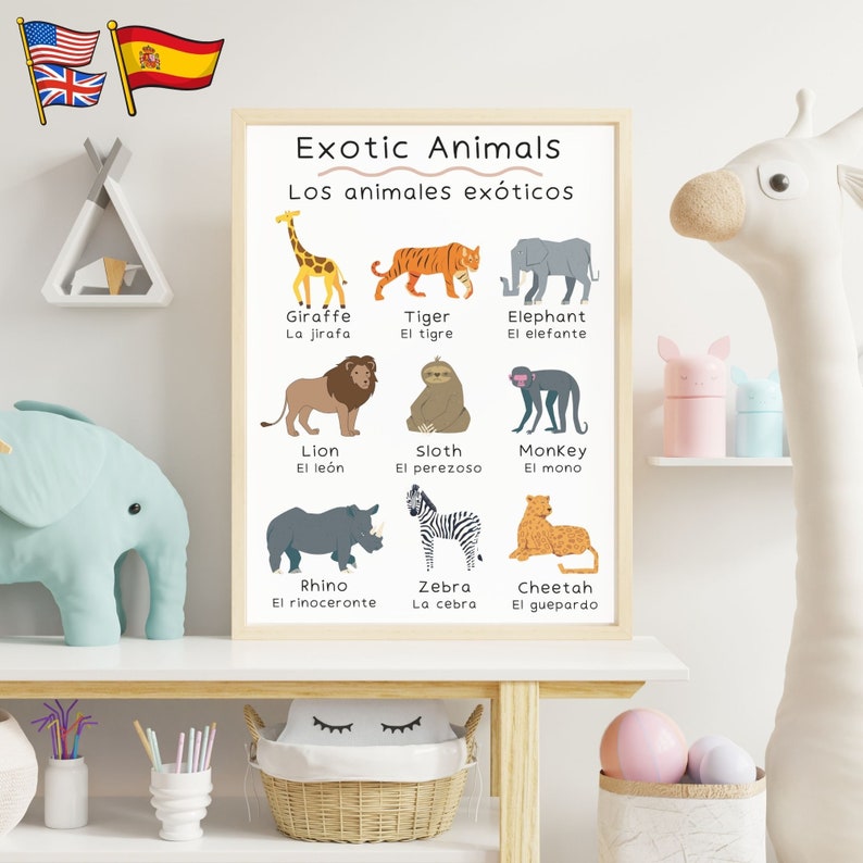 English Spanish Animal Languages Posters, Educational Decoration Poster ...