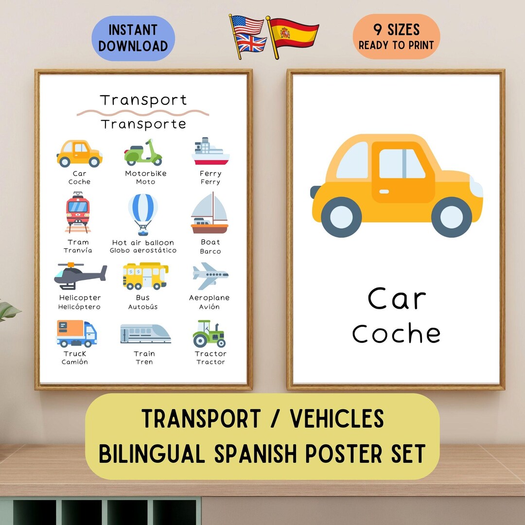 Bilingual Spanish Transport Vehicle Posters, English Spanish Educative ...