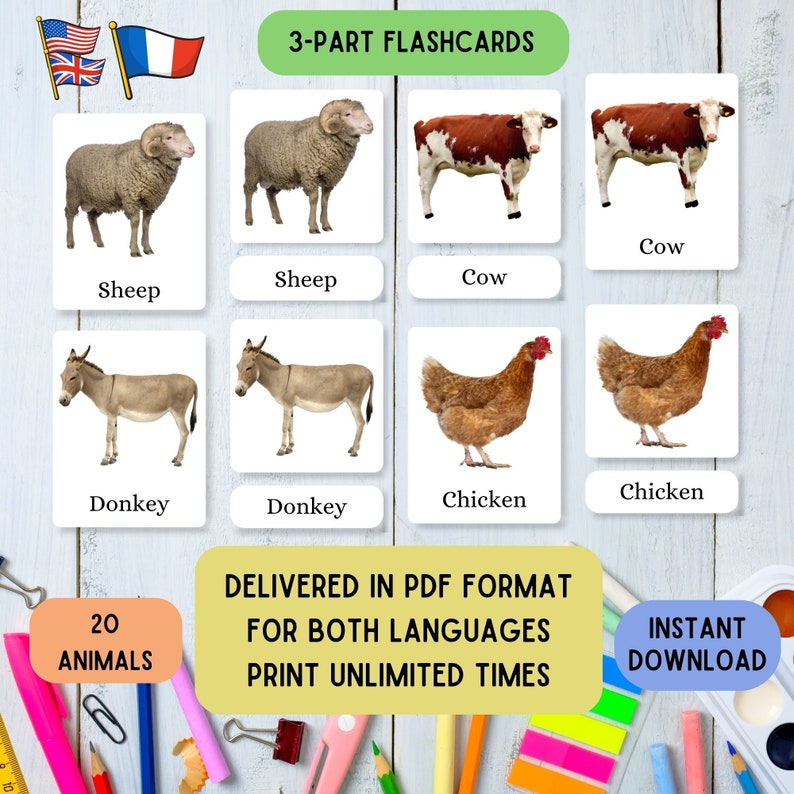 Farm Animals Flashcards: Bilingual English French Montessori (digital ...