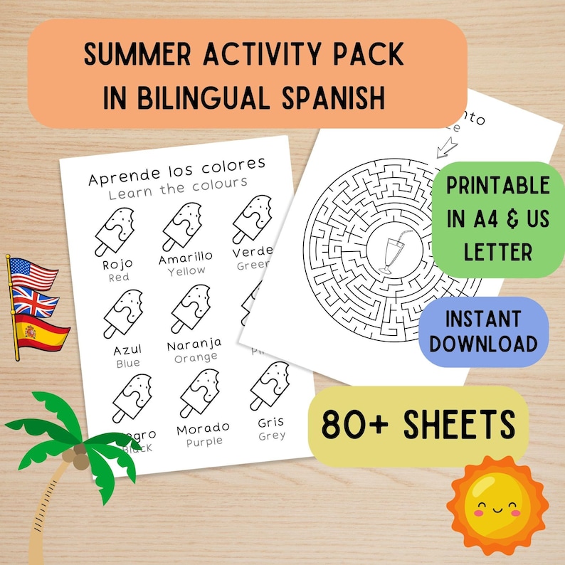 80+ Printable Summer Activity Sheets in Bilingual Spanish, Holidays ...