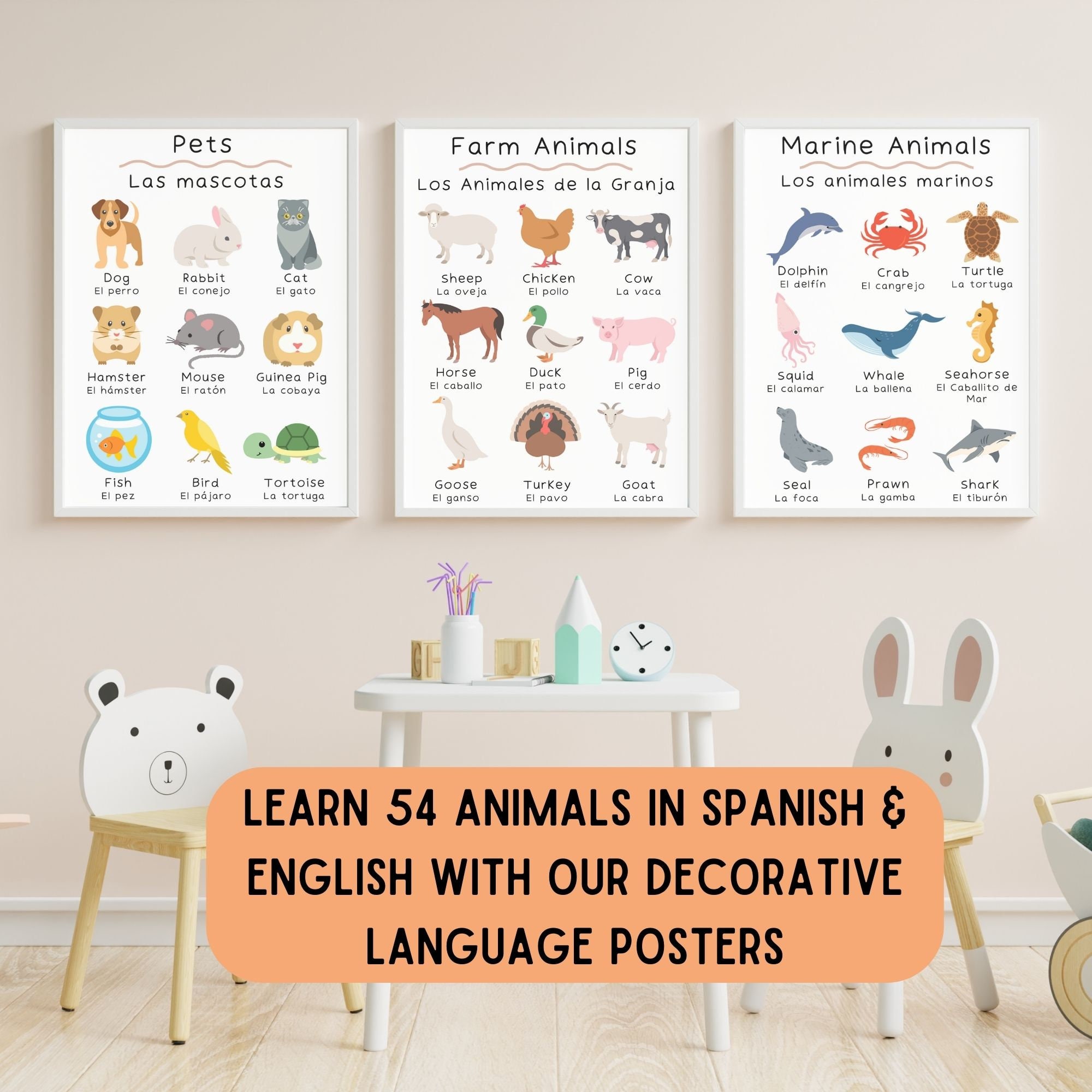 English Spanish Animal Languages Posters, Educational Decoration Poster ...