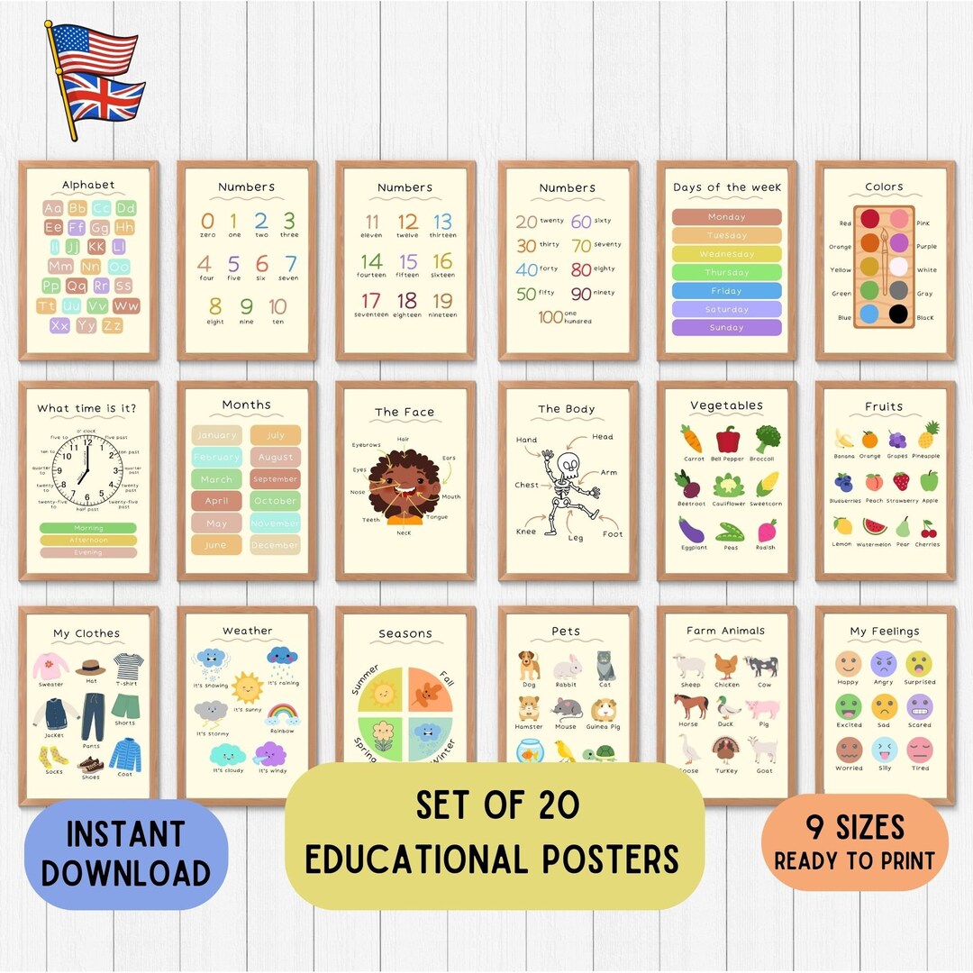 Printable Educational Posters, 20 Kids Educative Posters, Boho ...