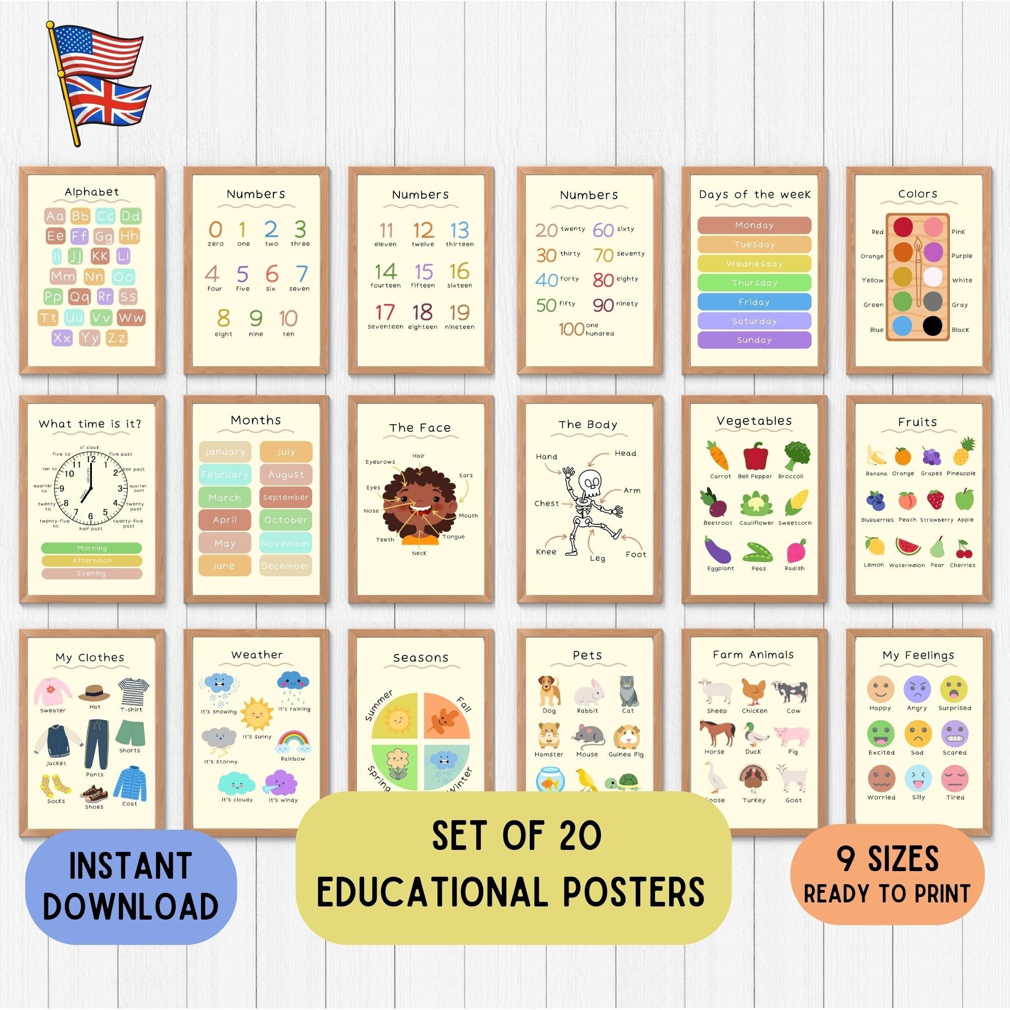 Printable Educational Posters, 20 Kids Educative Posters, Boho ...