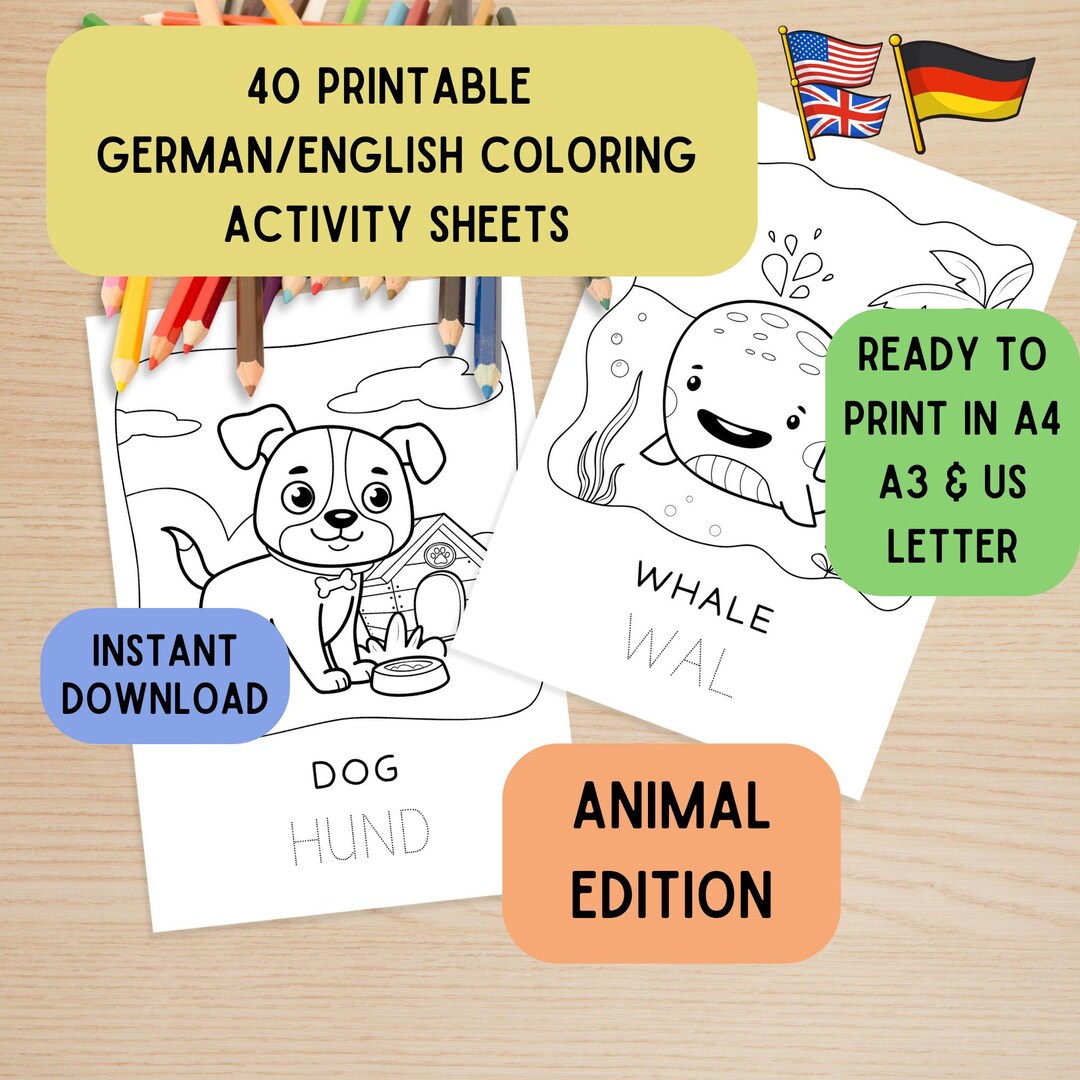 English German Coloring Pack Animals, 40 Sheets, Deutsch Englisch ...