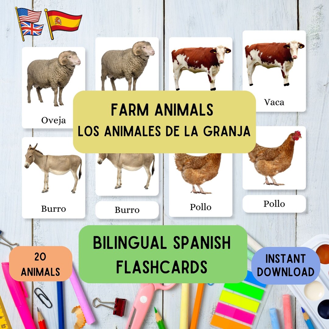 Bilingual Spanish Flash Cards Farm Animals, Learn Montessori With 20 ...