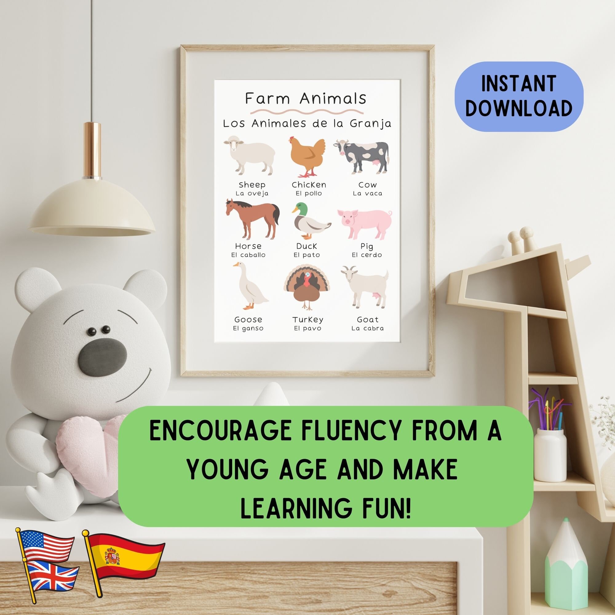 English Spanish Animal Languages Posters, Educational Decoration Poster ...