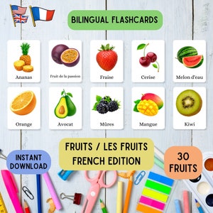French English Fruit Flashcards: Montessori Bilingual Learning (PDF) - Etsy