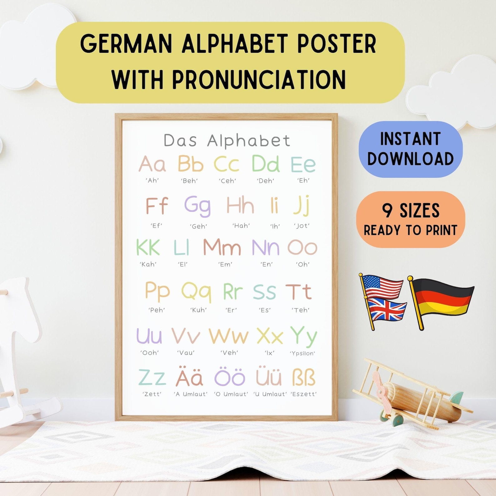 German Alphabet Poster, English German Educational Decoration Poster ...