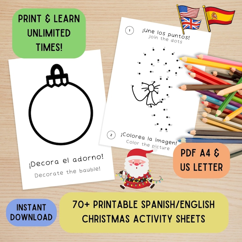 Printable Christmas Activity Sheets in Bilingual Spanish, Christmas ...