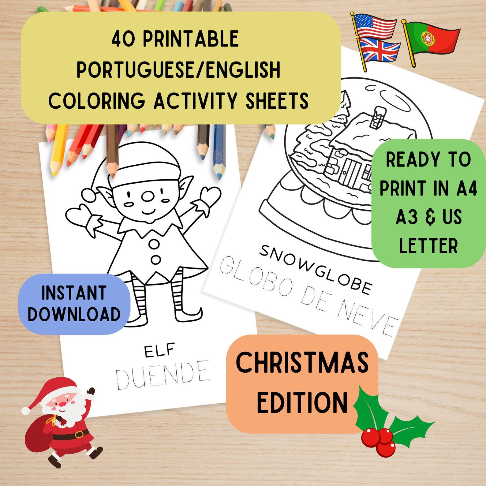 Bilingual Portuguese Christmas Coloring Pack, Português Inglês Xmas ...