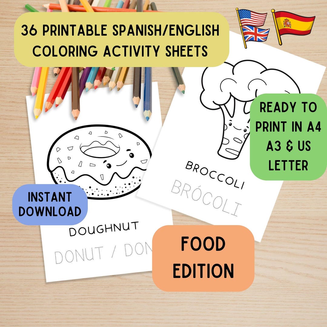 Bilingual Spanish Educational Coloring Pack, Spanish English Food ...