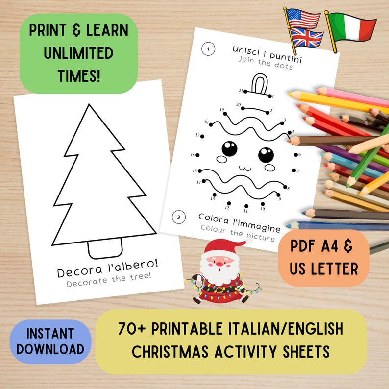 Printable Christmas Activity Sheets in Bilingual Italian, Christmas ...