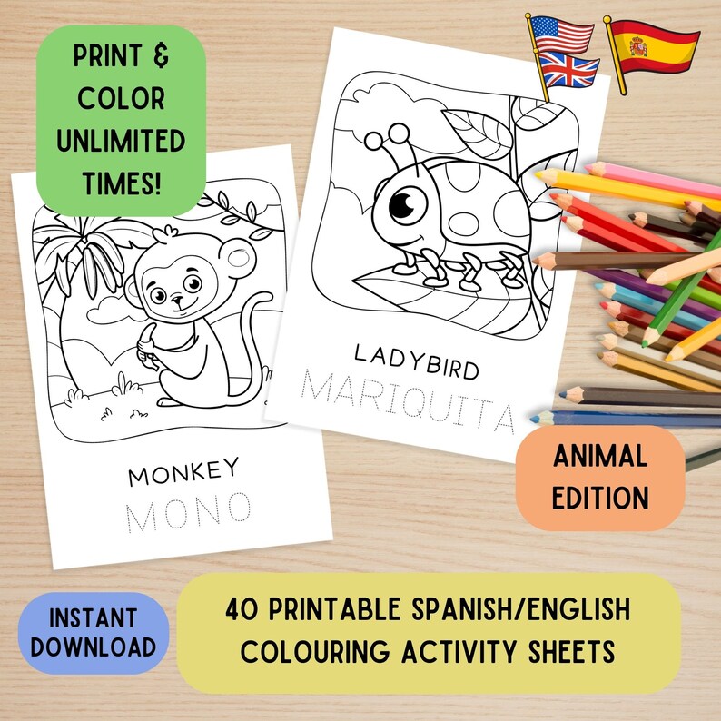 Bilingual Spanish Educational Coloring Pack, Spanish English Animals ...