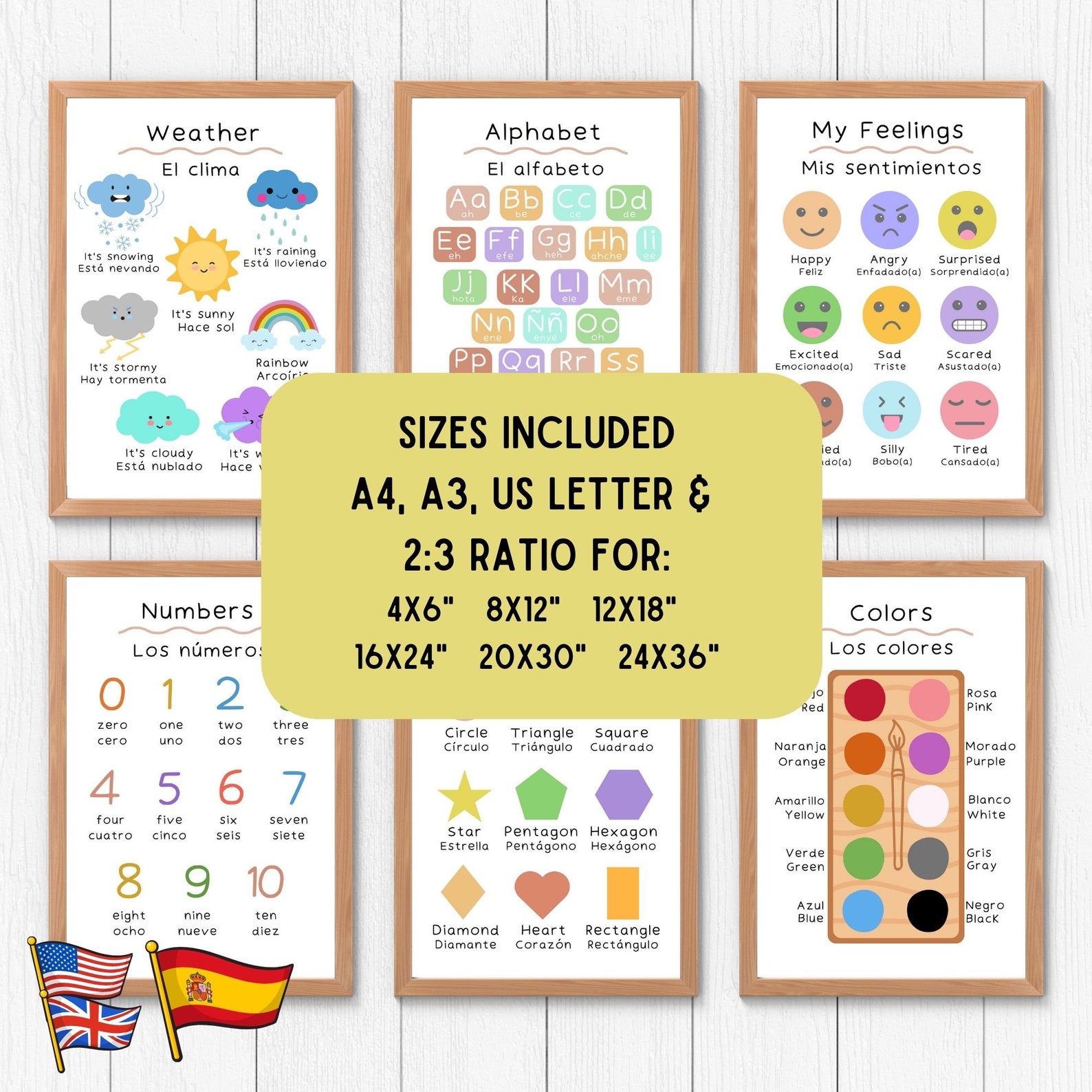 8 Bilingual Spanish Educational Posters, English Spanish Homeschooling ...