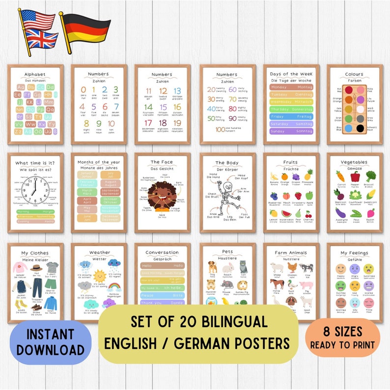 Bilingual German Educational Decoration Posters, English Deutsch Poster ...