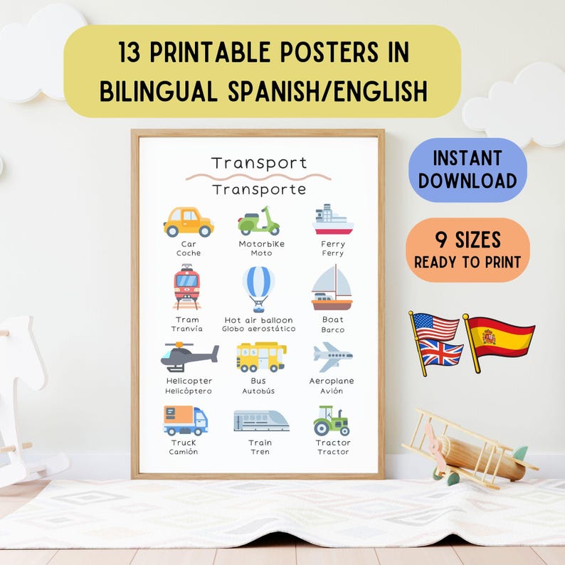 Bilingual Transport Poster Set: Spanish English Learning (PDF Download ...