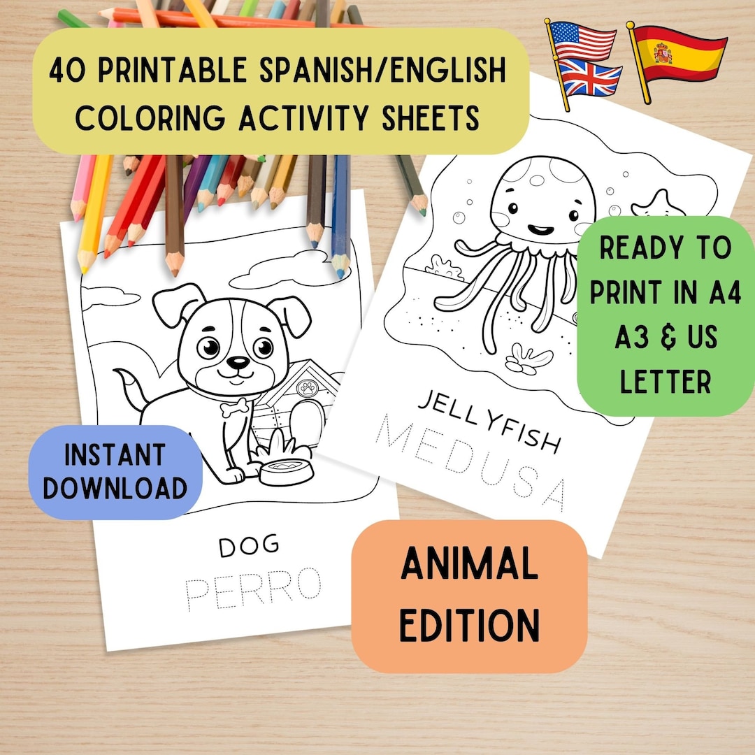 Bilingual Spanish Educational Coloring Pack, Spanish English Animals ...