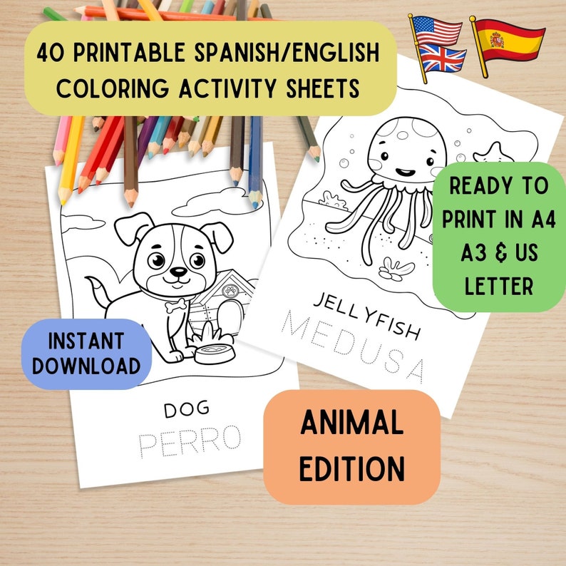 Bilingual Spanish Educational Coloring Pack, Spanish English Animals ...