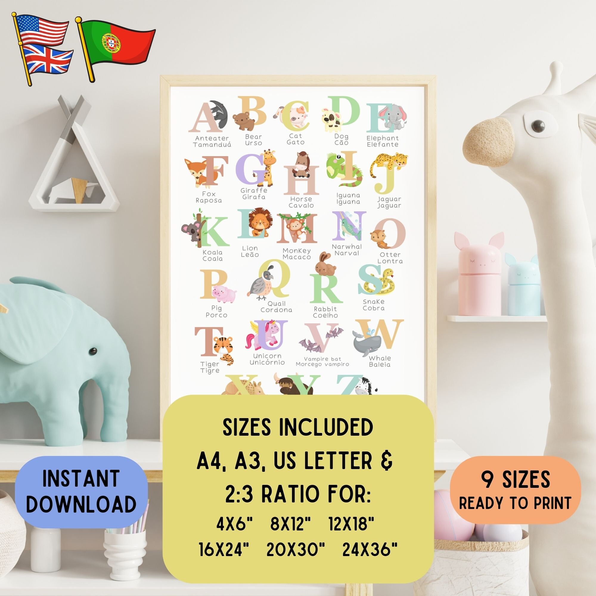 English Portuguese Alphabet Poster, Educational Decoration Poster ...