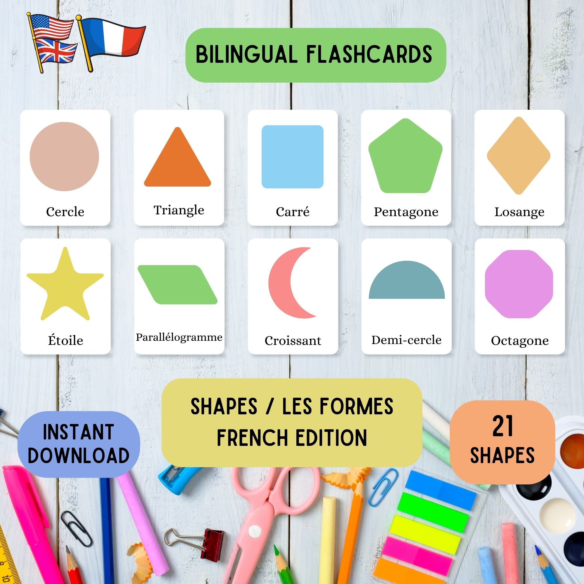 Montessori Shapes Flashcards: English French Bilingual Learning (PDF ...