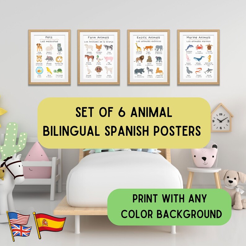 English Spanish Animal Languages Posters, Educational Decoration Poster ...