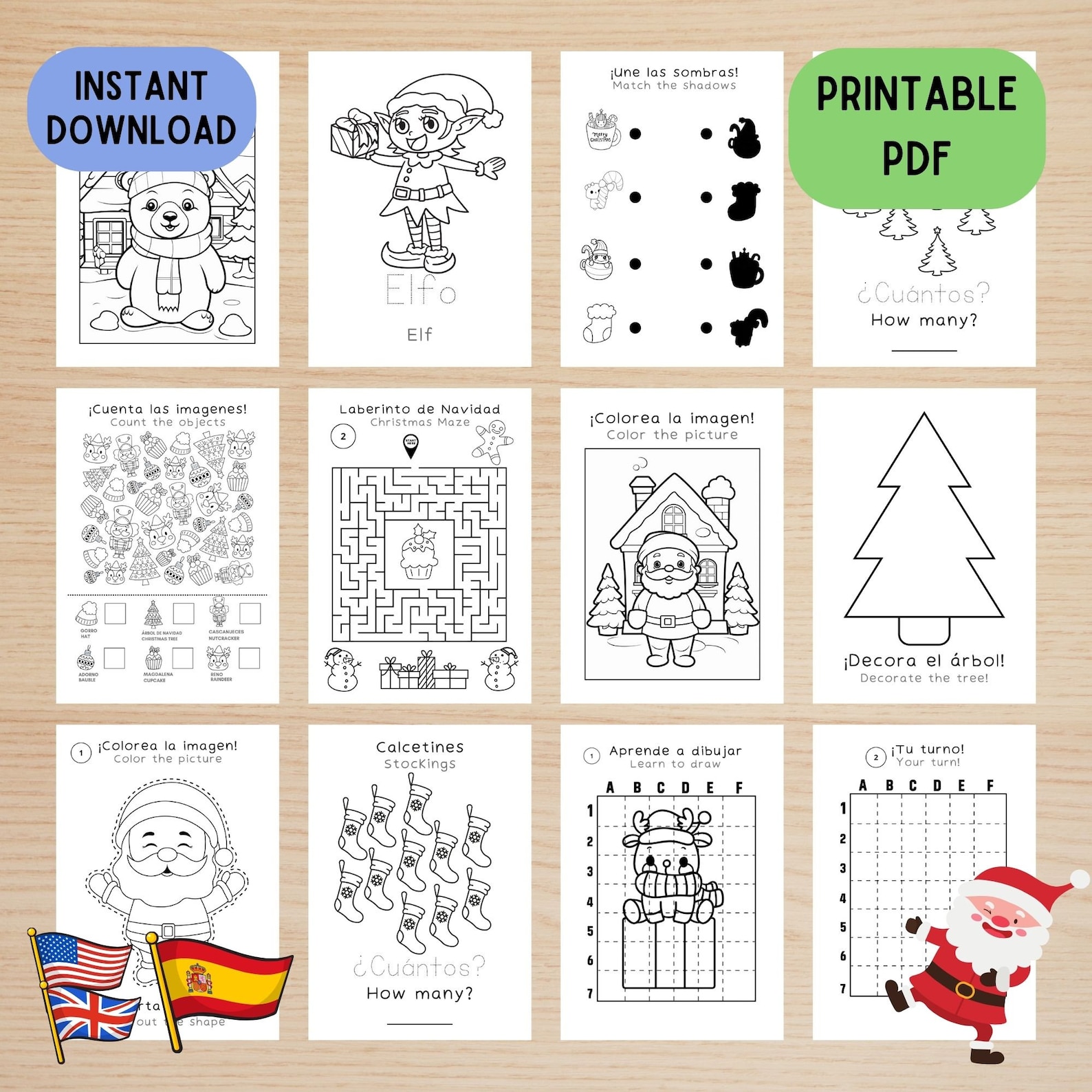 Printable Christmas Activity Sheets in Bilingual Spanish, Christmas ...