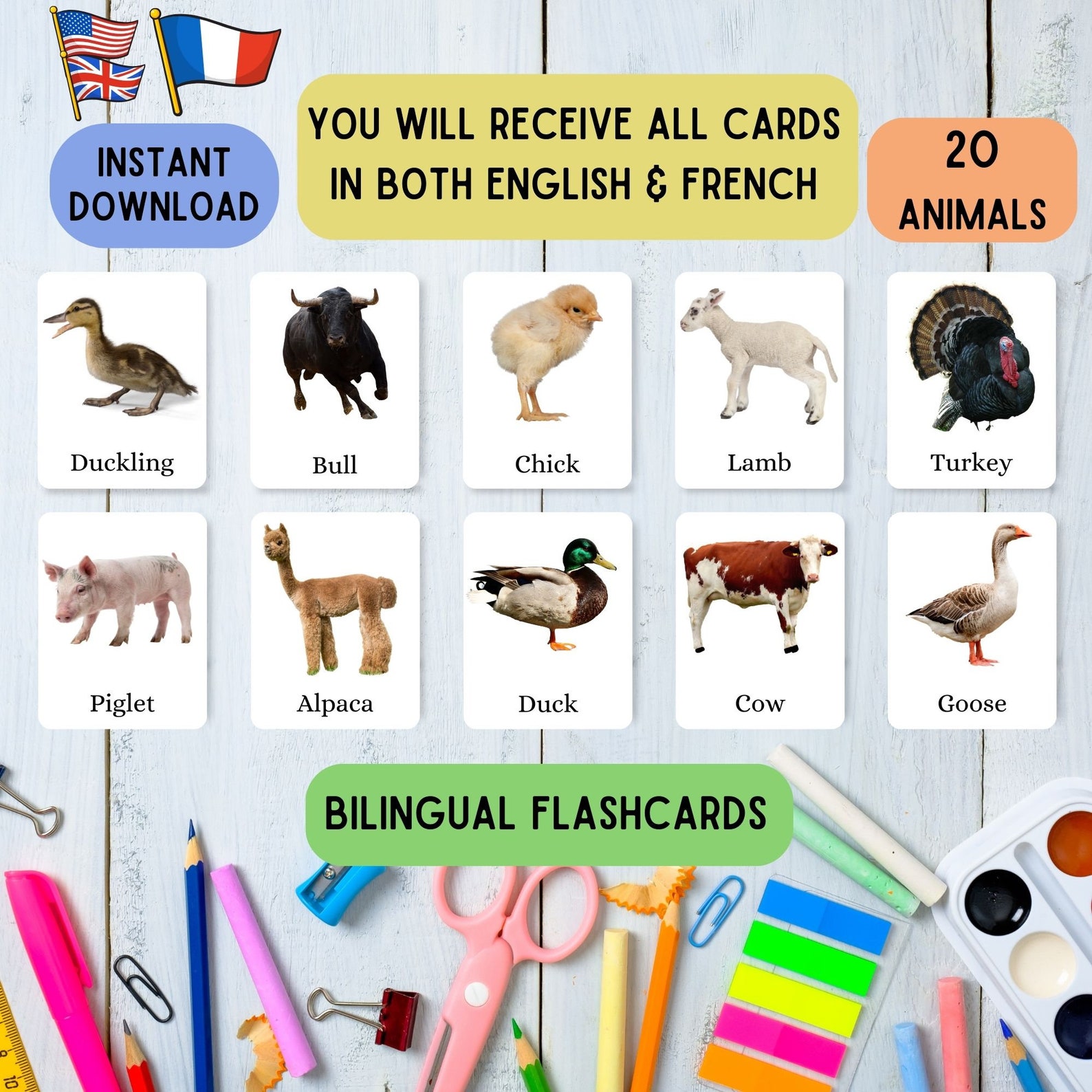 English French Educative Flashcards Farm Animals Learn - Etsy