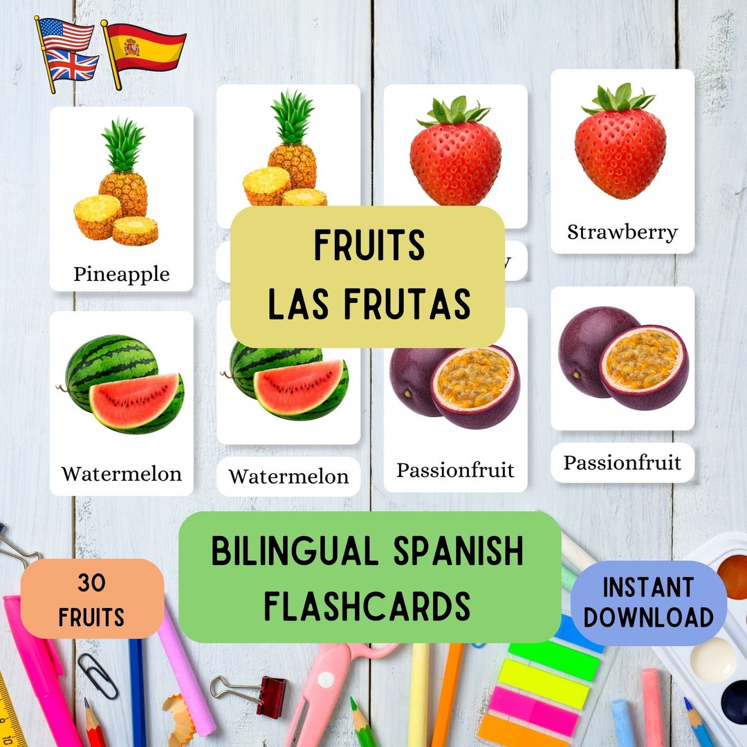 Bilingual Spanish Language Flashcards Fruit, Learn Montessori With 30 ...