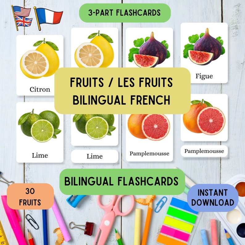 French English Fruit Flashcards: Montessori Bilingual Learning (PDF) - Etsy