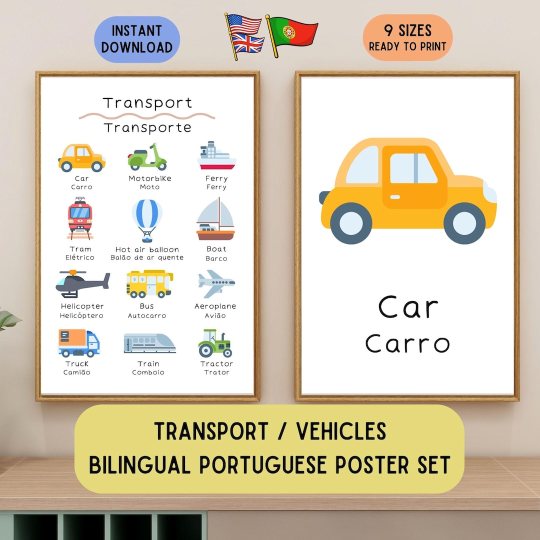 Bilingual Transport Poster Set: English Portuguese Learning (PDF ...