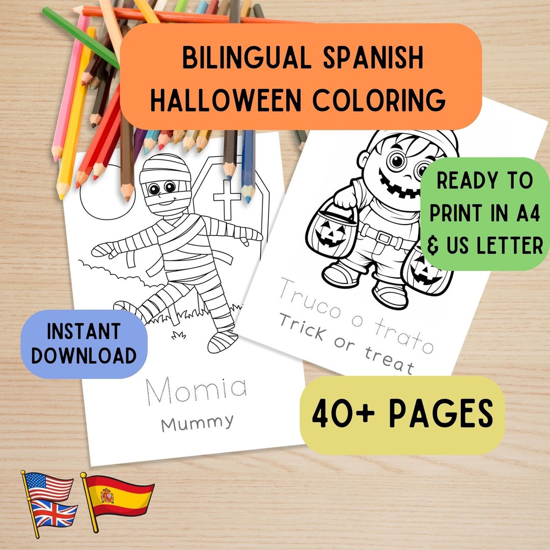 Hojas para colorear de Halloween para niños en español bilingüe ...